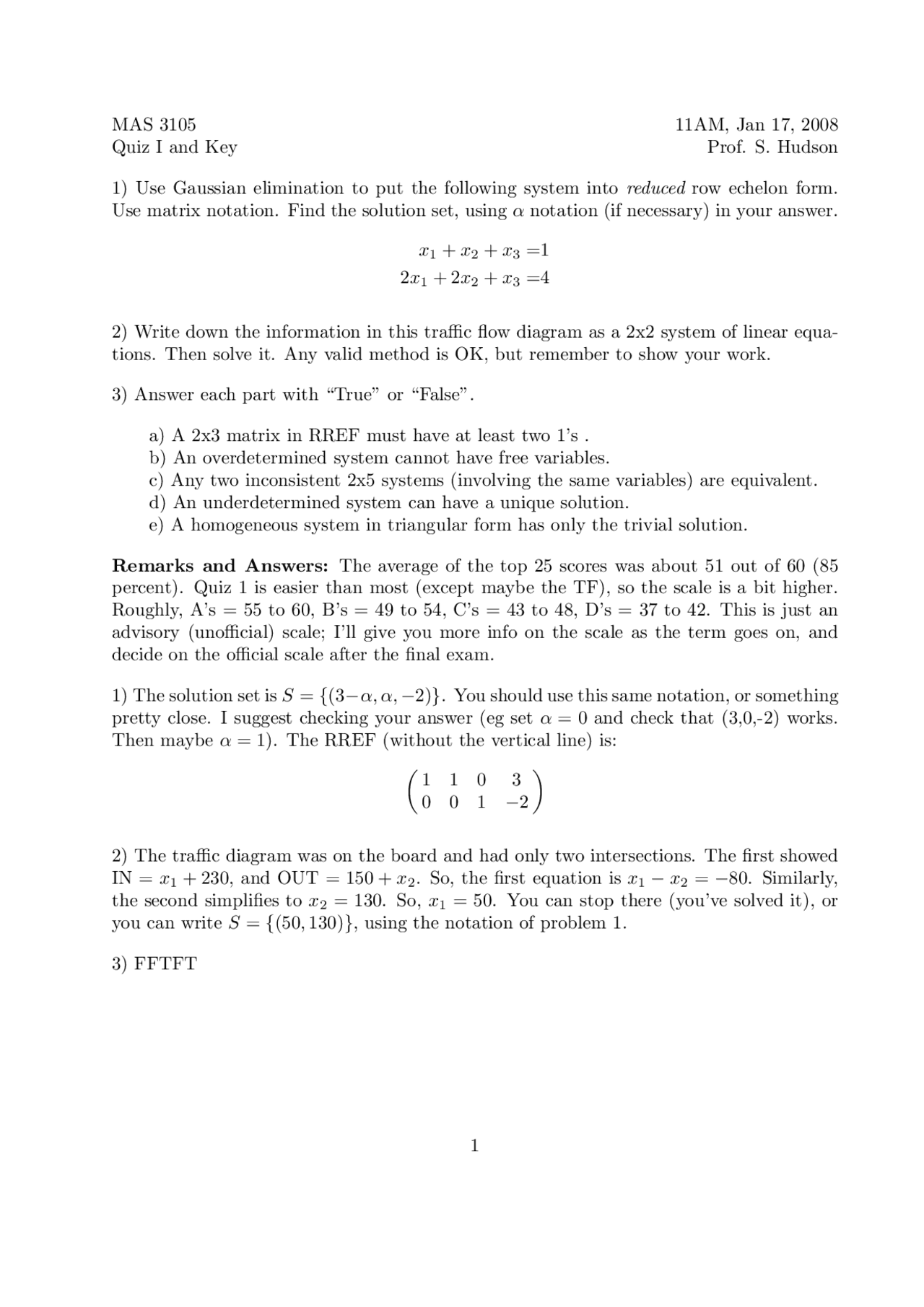 Quiz 1 With Answer Key Linear Algebra Mas 3105 Docsity