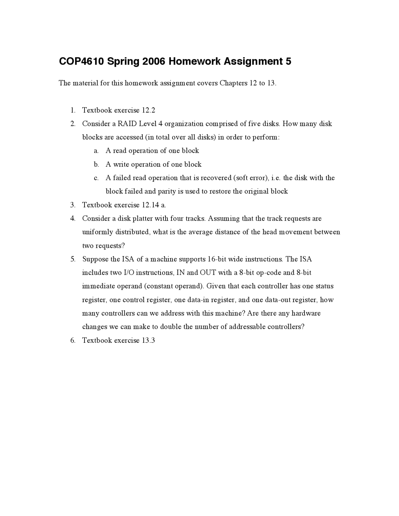 Homework Assignment 5 Operating System Cop 4610 Docsity