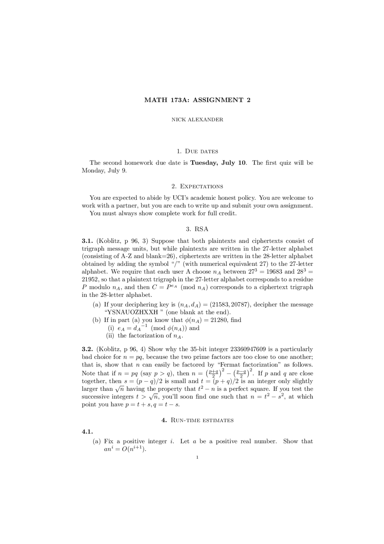 Questions For Assignment 2 Introduction Cryptology Math 173 Docsity