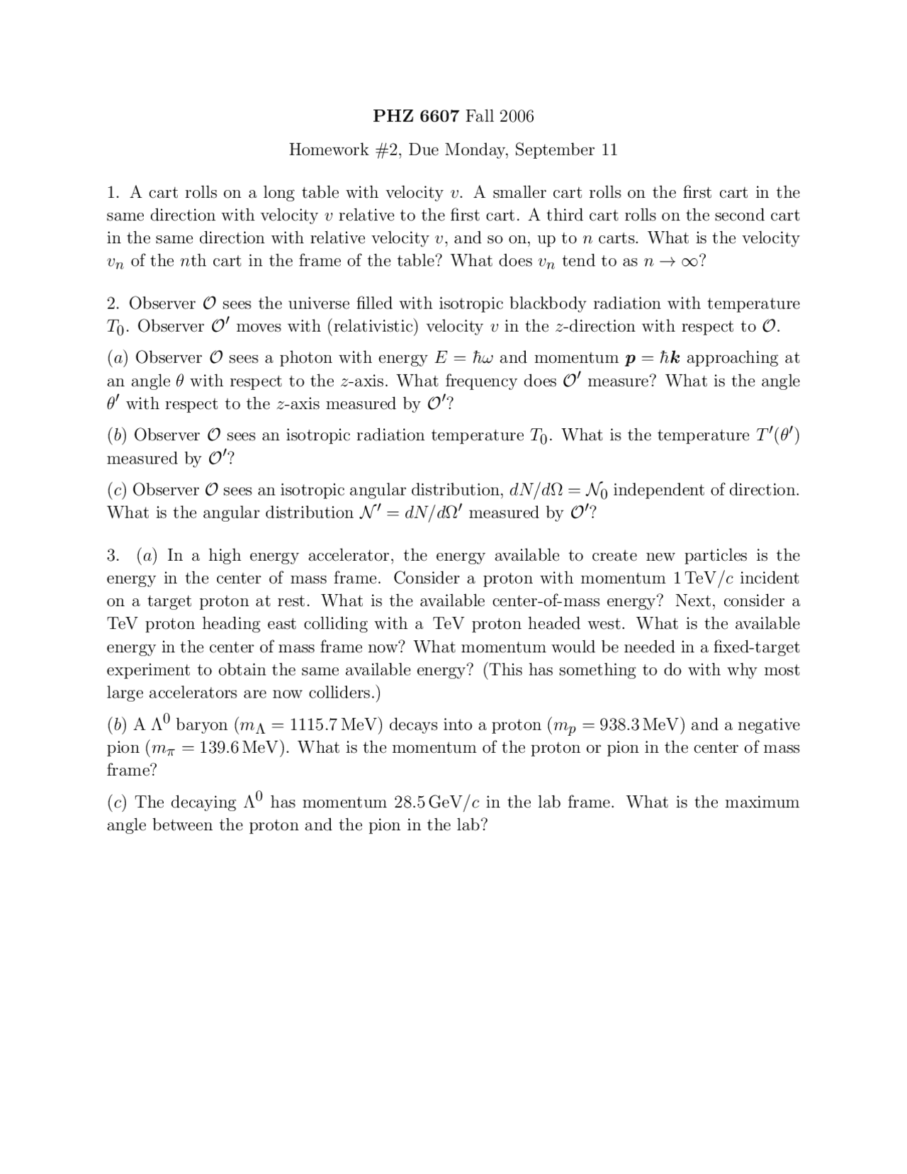Homework 2 Practice Special And General Relativity Phz 6607 Docsity