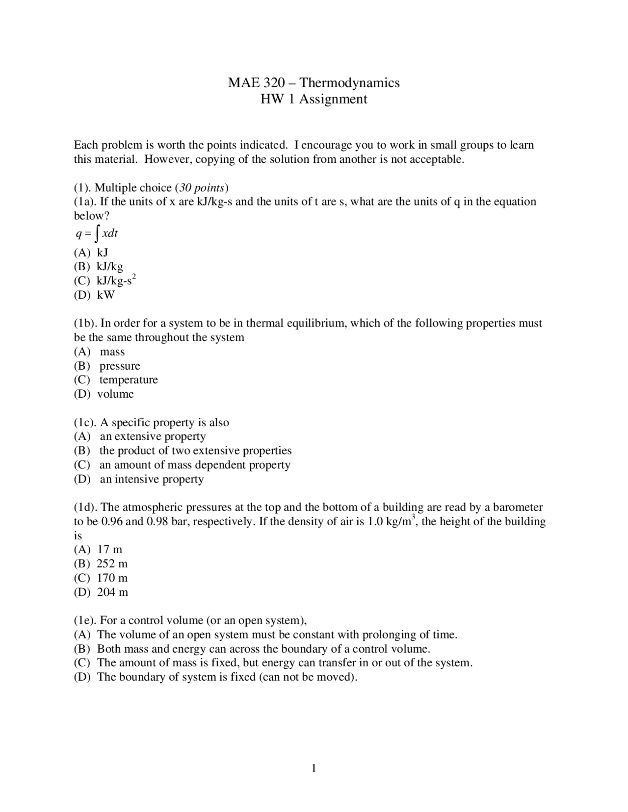 Questions for Assignment 1 - Thermodynamics | MAE 320 | Assignments Thermodynamics | Docsity