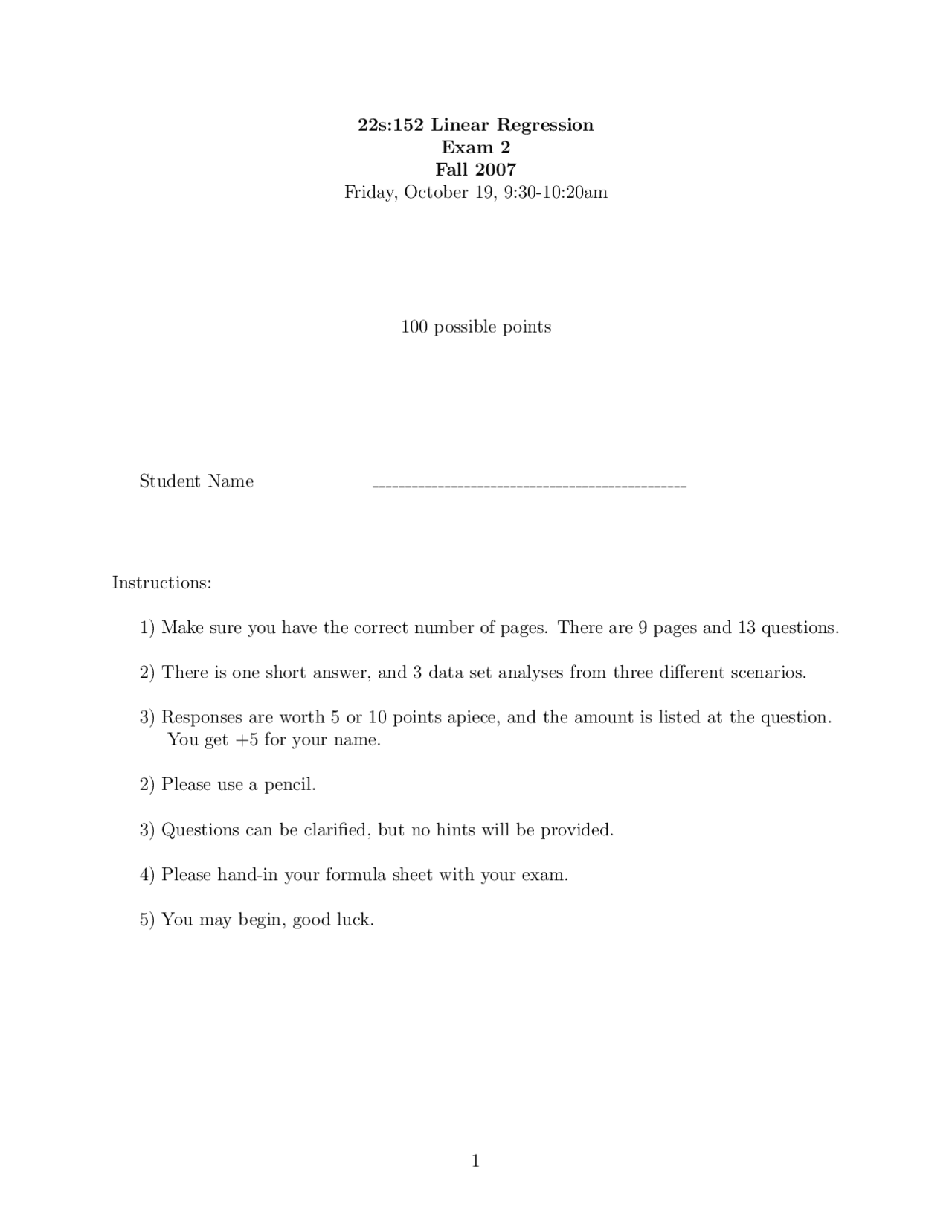 Practice Exam 2 - Applied Linear Regression | 22S 152 - Docsity