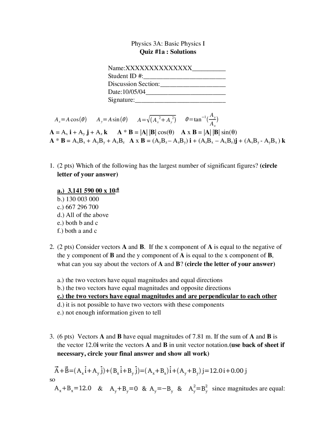 Quiz 1a Questions And Solutions Basic Physics I Physics 3 Docsity