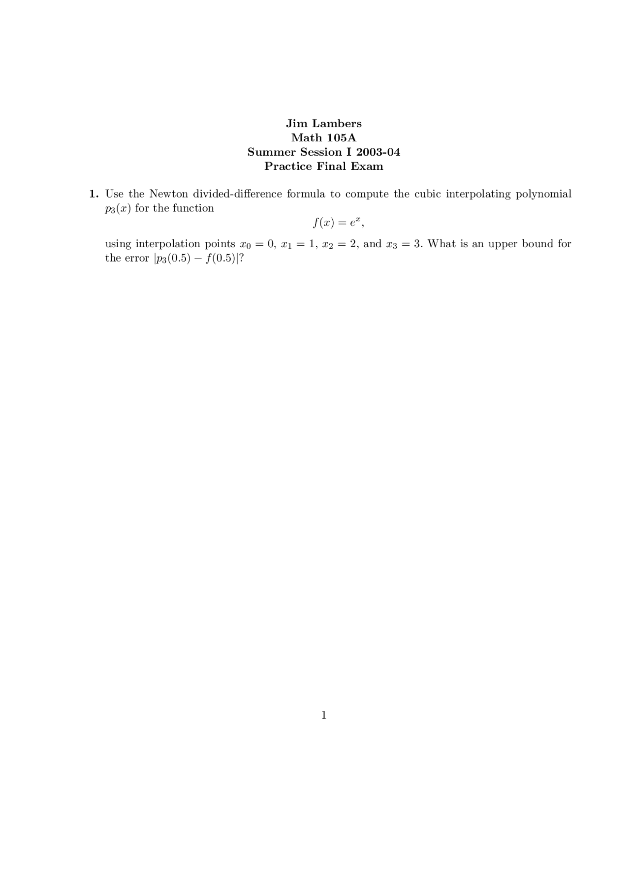 Practice Final Exam For Numerical Analysis Math 105 Docsity