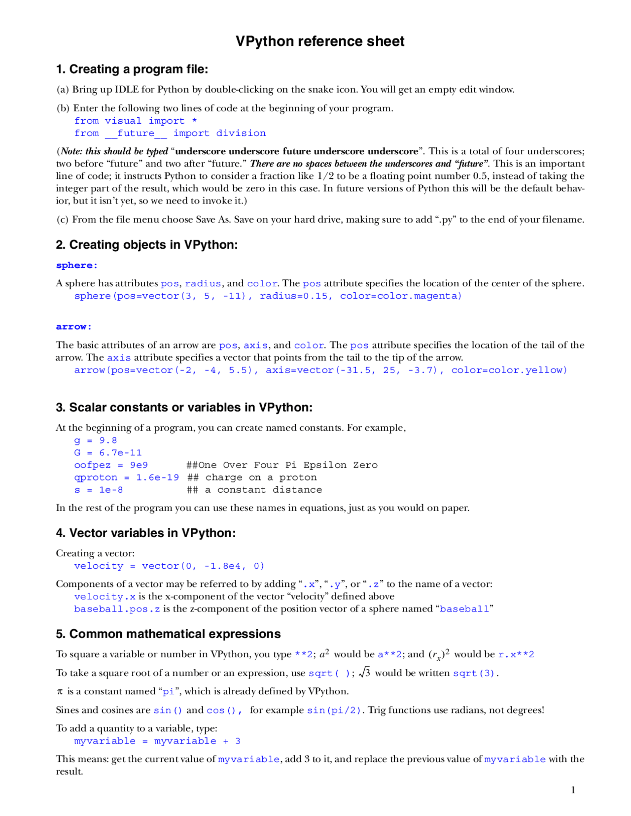 VPython Reference Sheet - Paper 4 | PHYS 0175 - Docsity