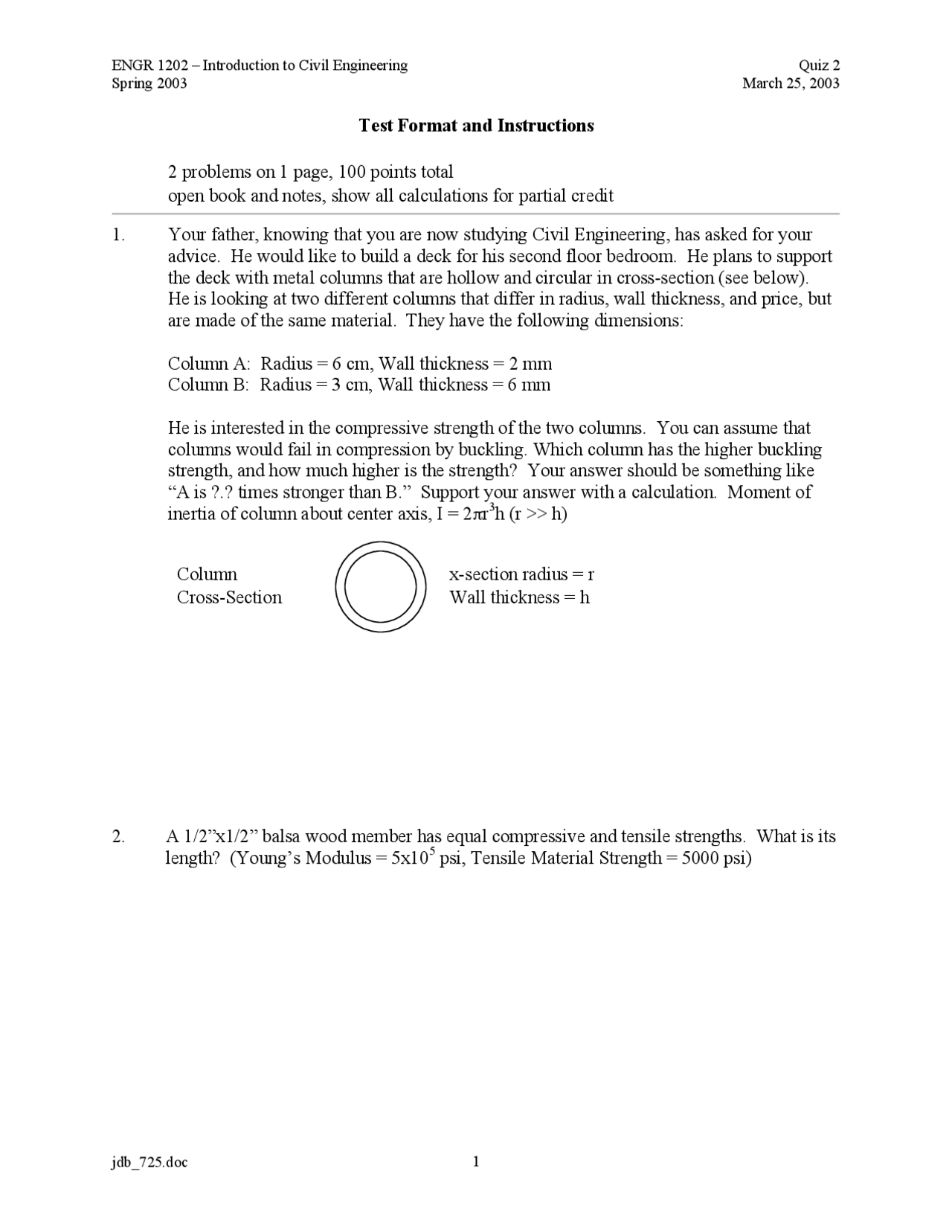Practice Quiz 2 Introduction To Civil Engineering Engr 1202 Docsity