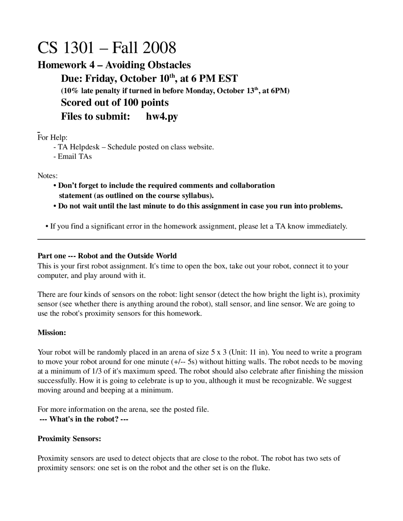 Avoiding Obstacles - Introduction to Computer - Assignment 4 | CS 1301 - Docsity