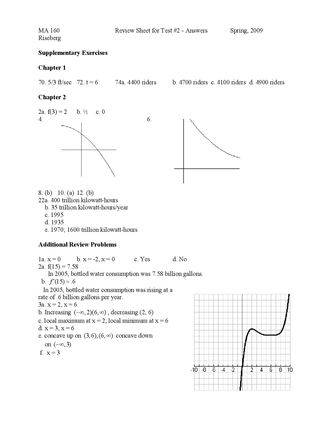 Review Sheet For Test 2 With Answers Elementary Applied Calculus I