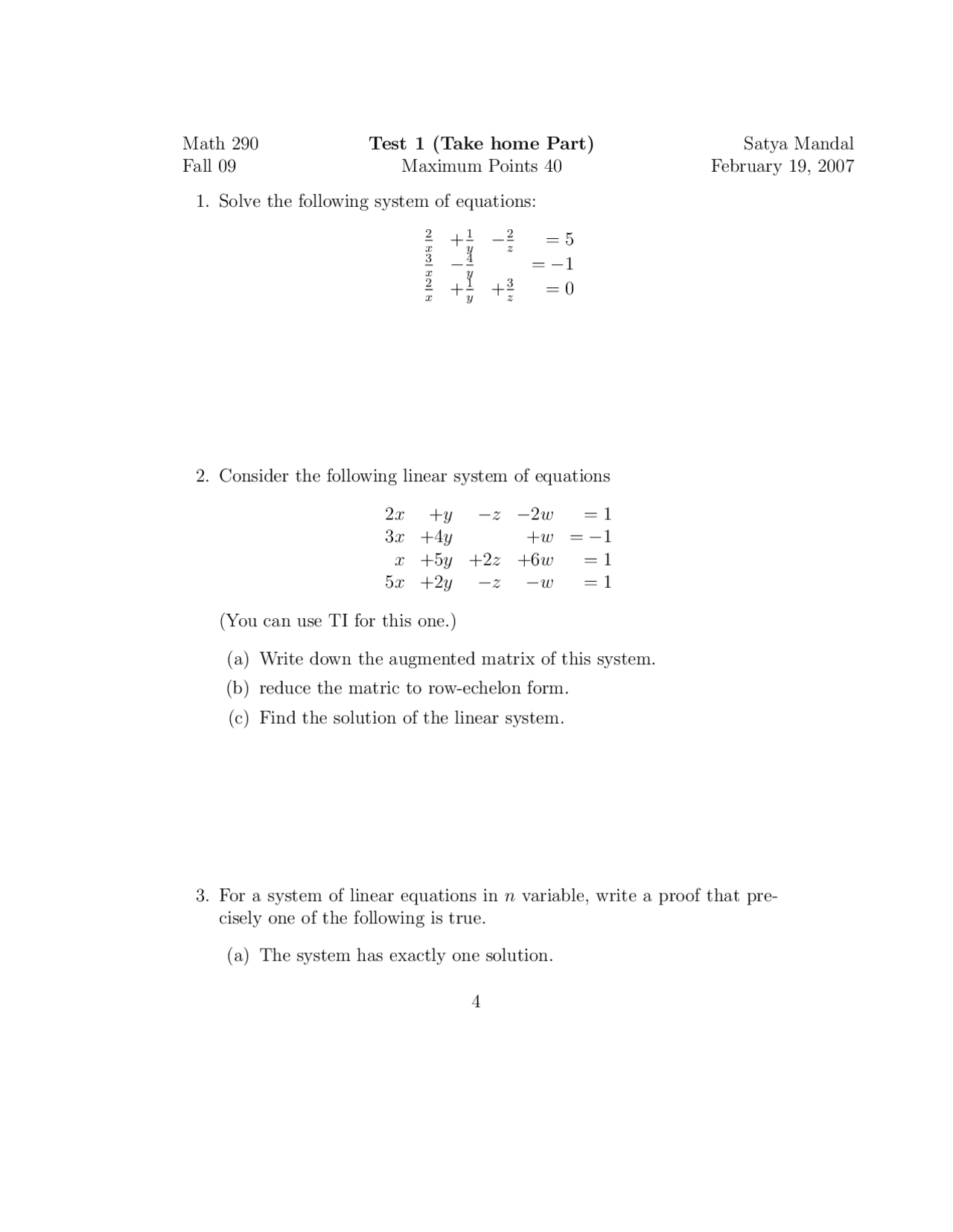7 Problems On Elementary Linear Algebra Examination 1 Math 290
