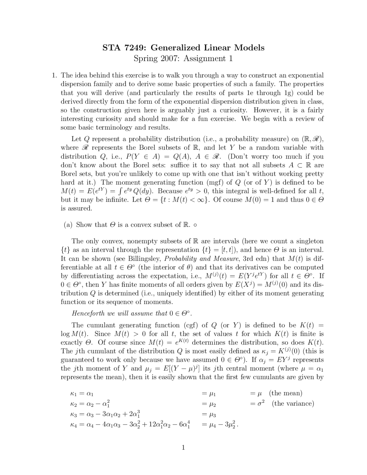 Assignment 1 for Generalized Linear Models | STA 7249 | Assignments Biostatistics | Docsity