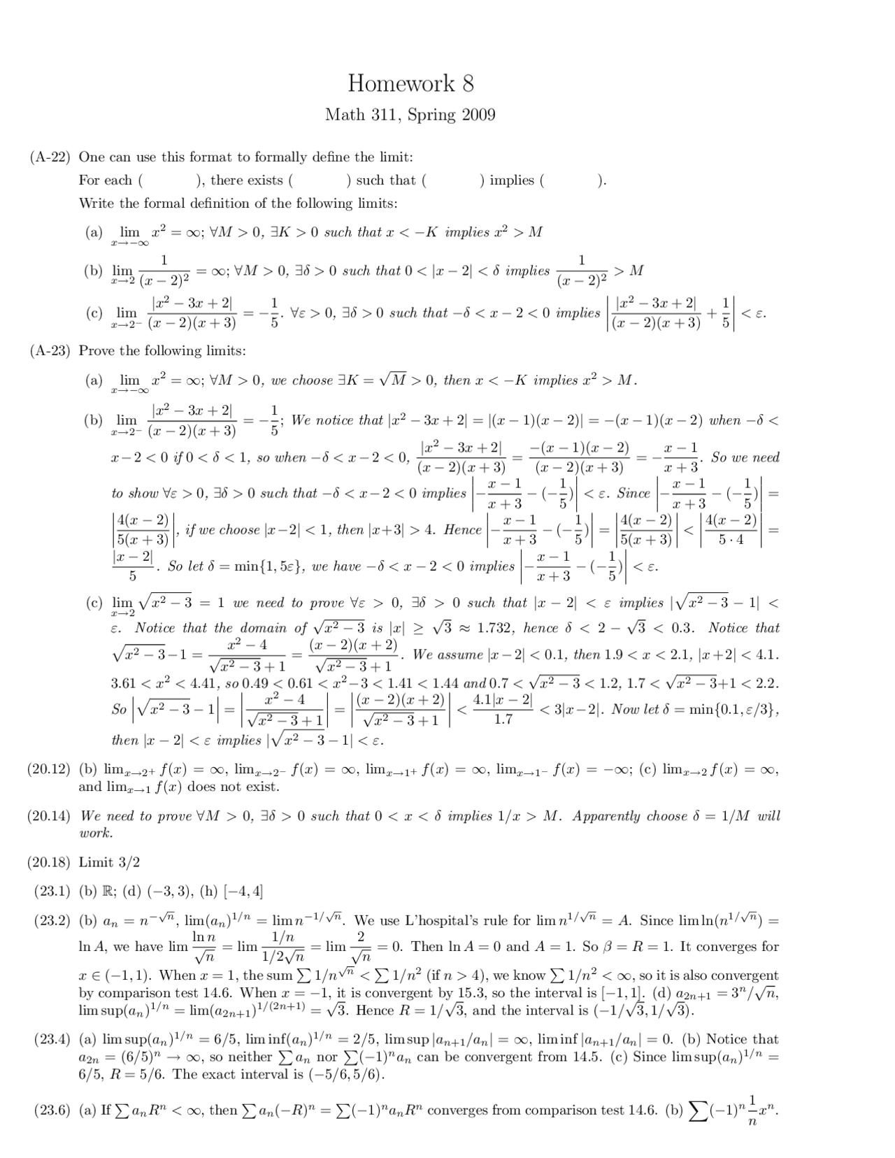 Homework 8 Problems For Elementary Analysis Math 311 Docsity