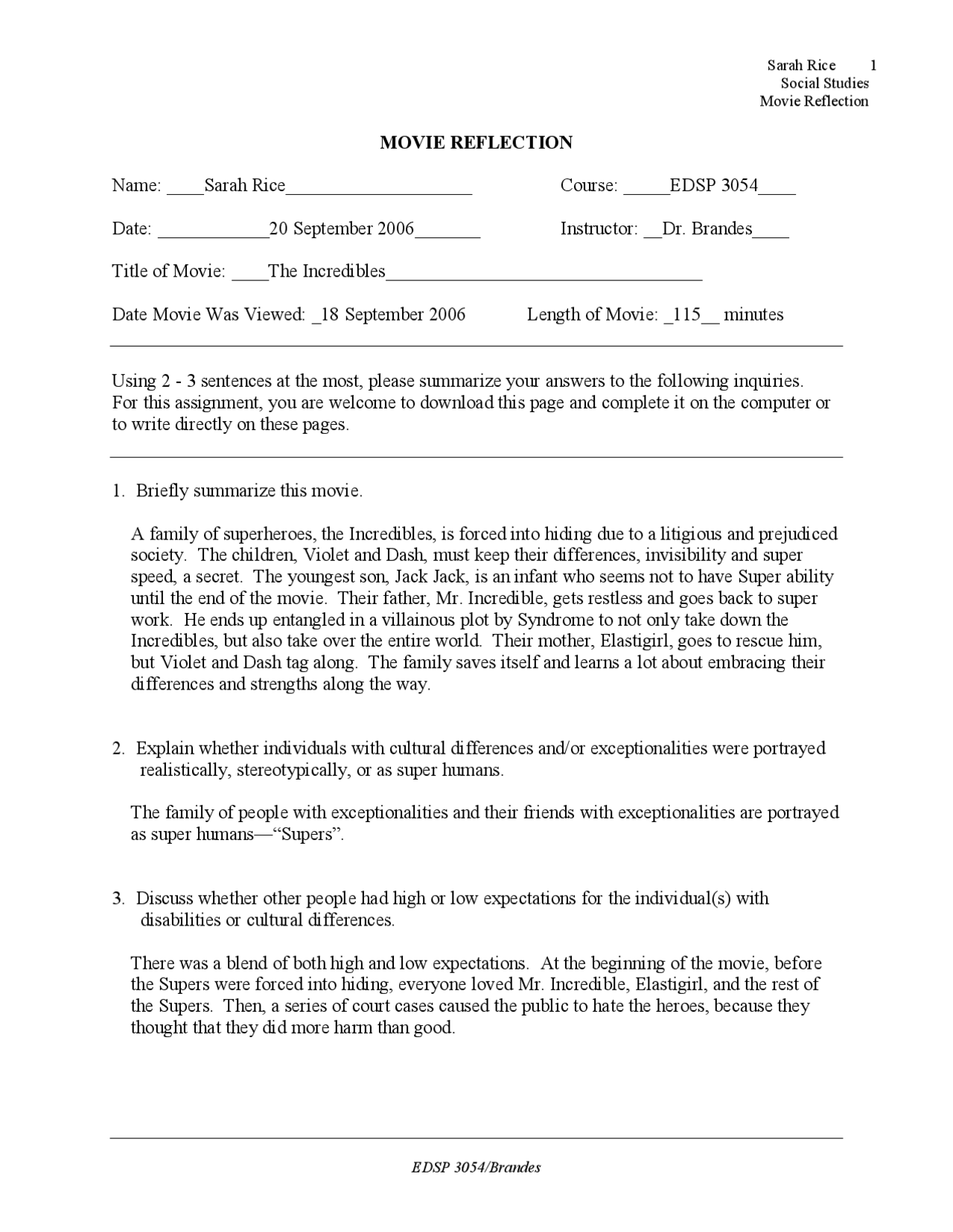 Movie Reflection - The Incredibles - Social Studies | EDSP 3054 - Docsity