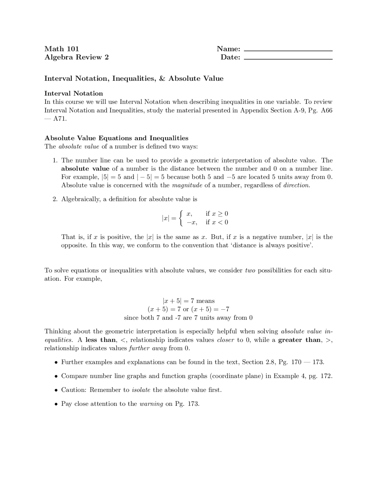 Interval Notation, Inequalities and Absolute Value - Review Sheet ...