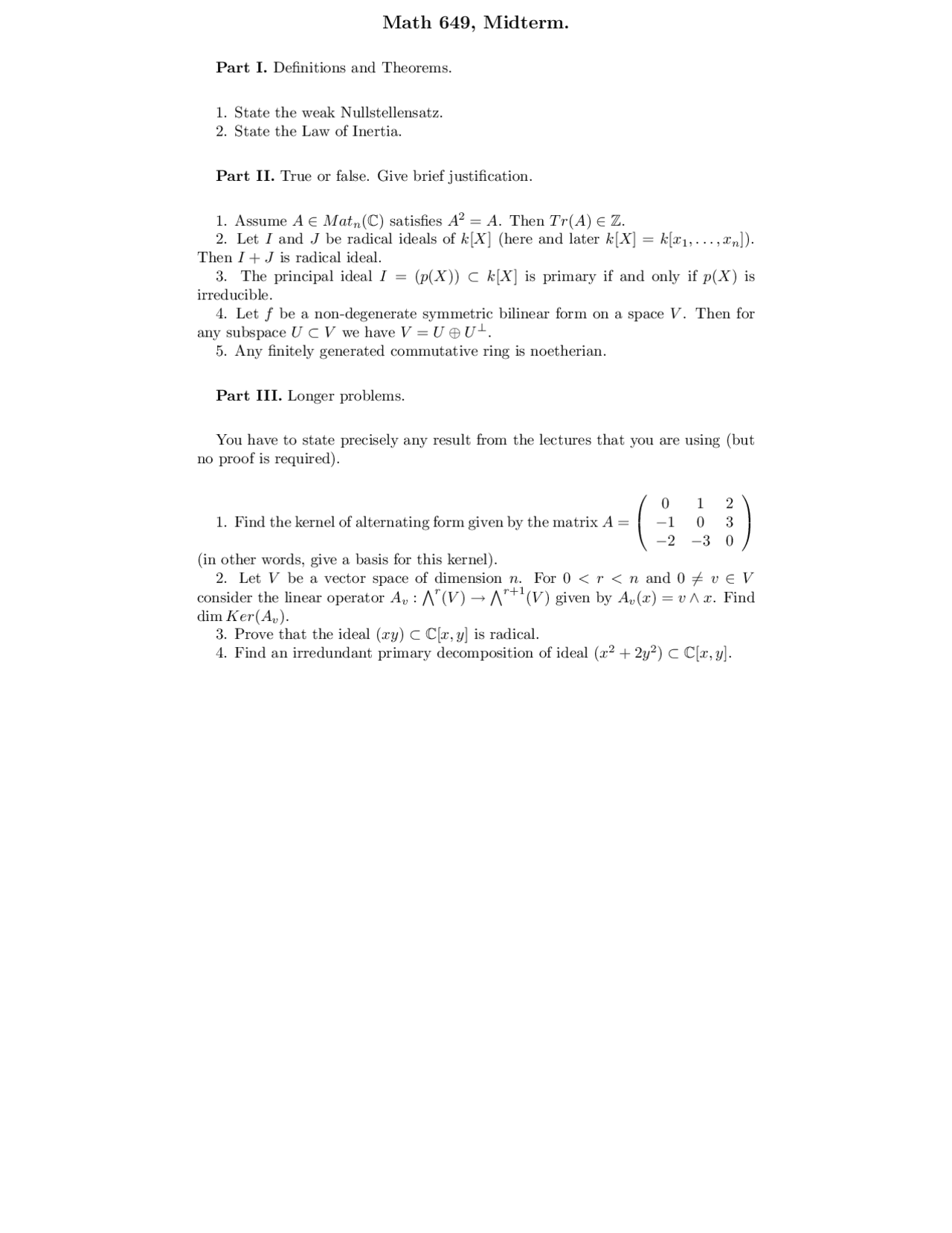 Definitions And Theorems Midterm Exam Math 649 Docsity