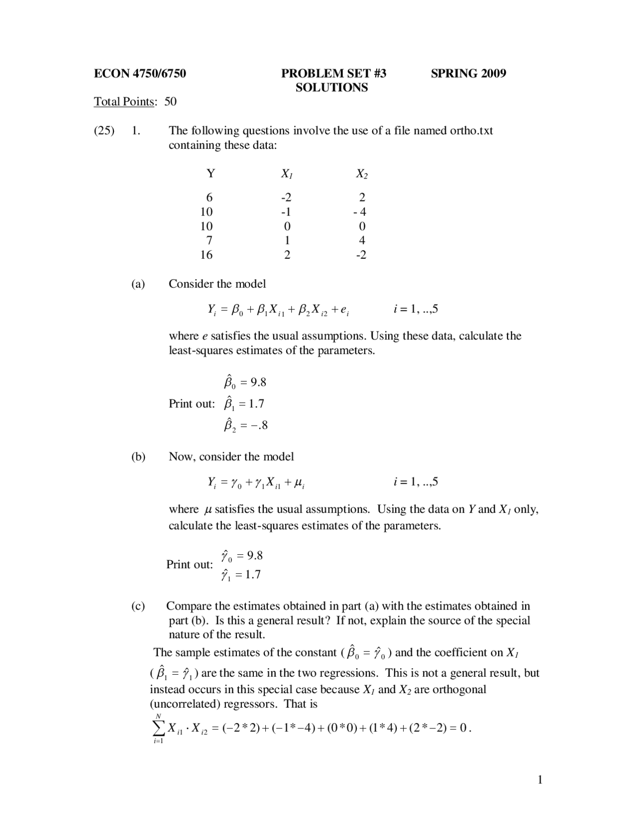 Solutions For Problem Set 3 Introduction To Econometrics Econ 4750 Docsity
