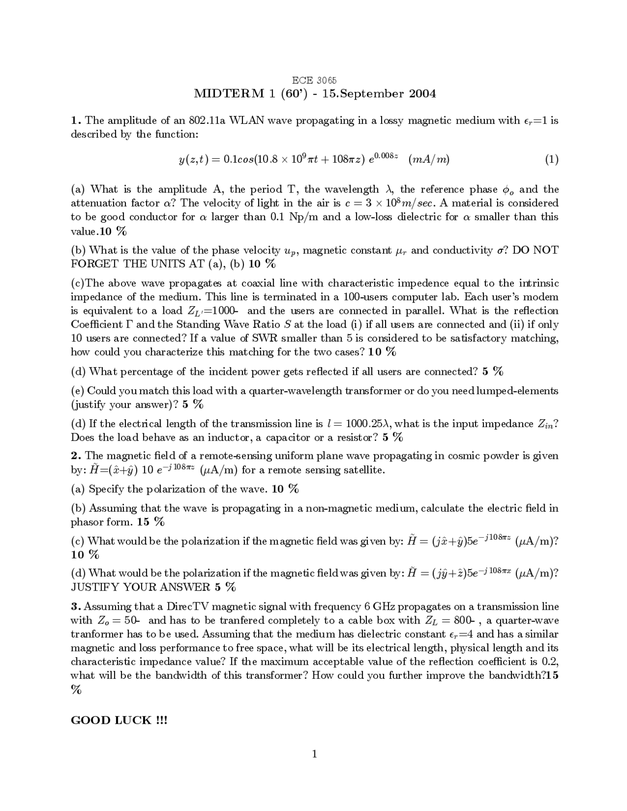 Midterm Exam 1 Electromagnetics Applications Ece 3065 Docsity
