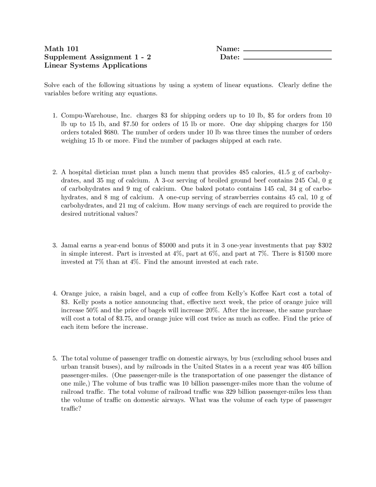 Linear System Applications - Supplemental Assignment 1 | GINS 101 - Docsity