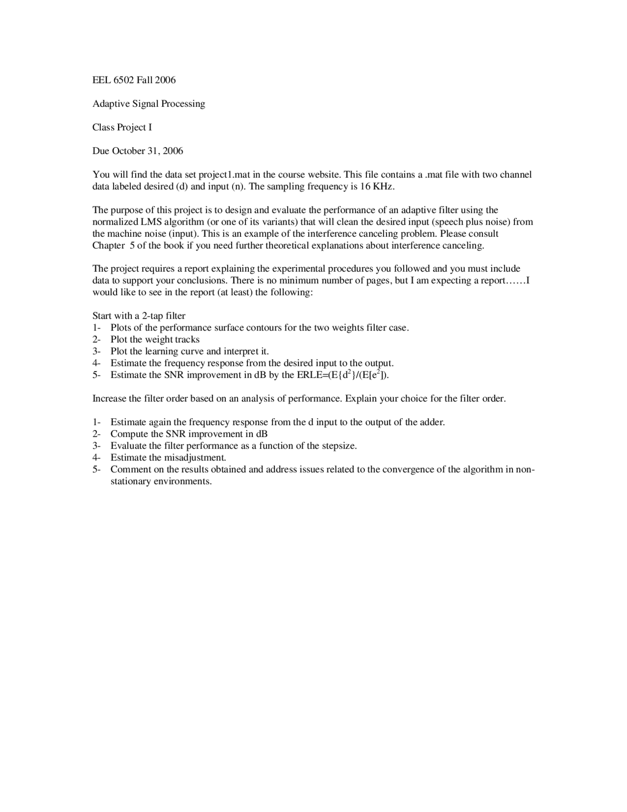 Design Evaluate Performance Of Adaptive Signal Processing Project 1