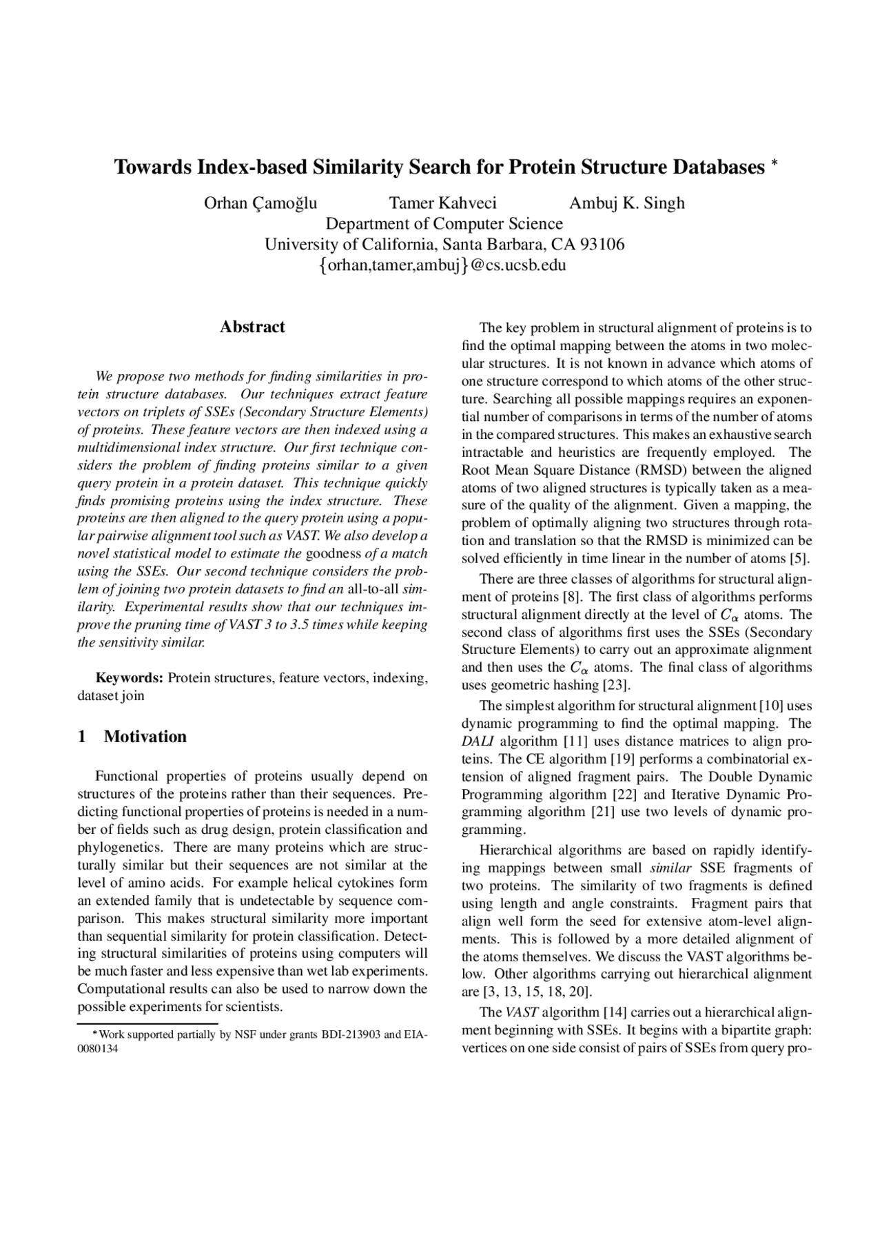 Towards Index-Based Similarity Search for Protein Structure Databases | CAP 5510 - Docsity