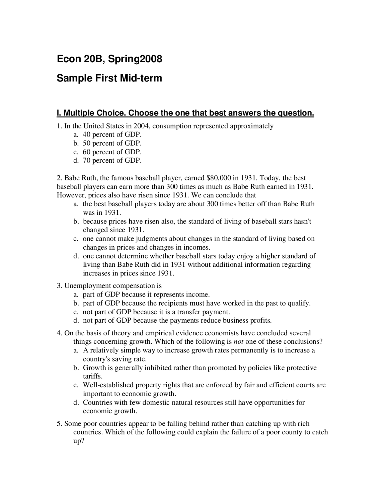 Sample Midterm Exam 1 Basic Economics I Econ 20 Docsity