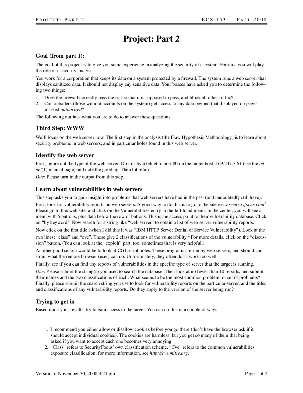 Project 2: Analyzing of a Security of a System | ECS 153 - Docsity