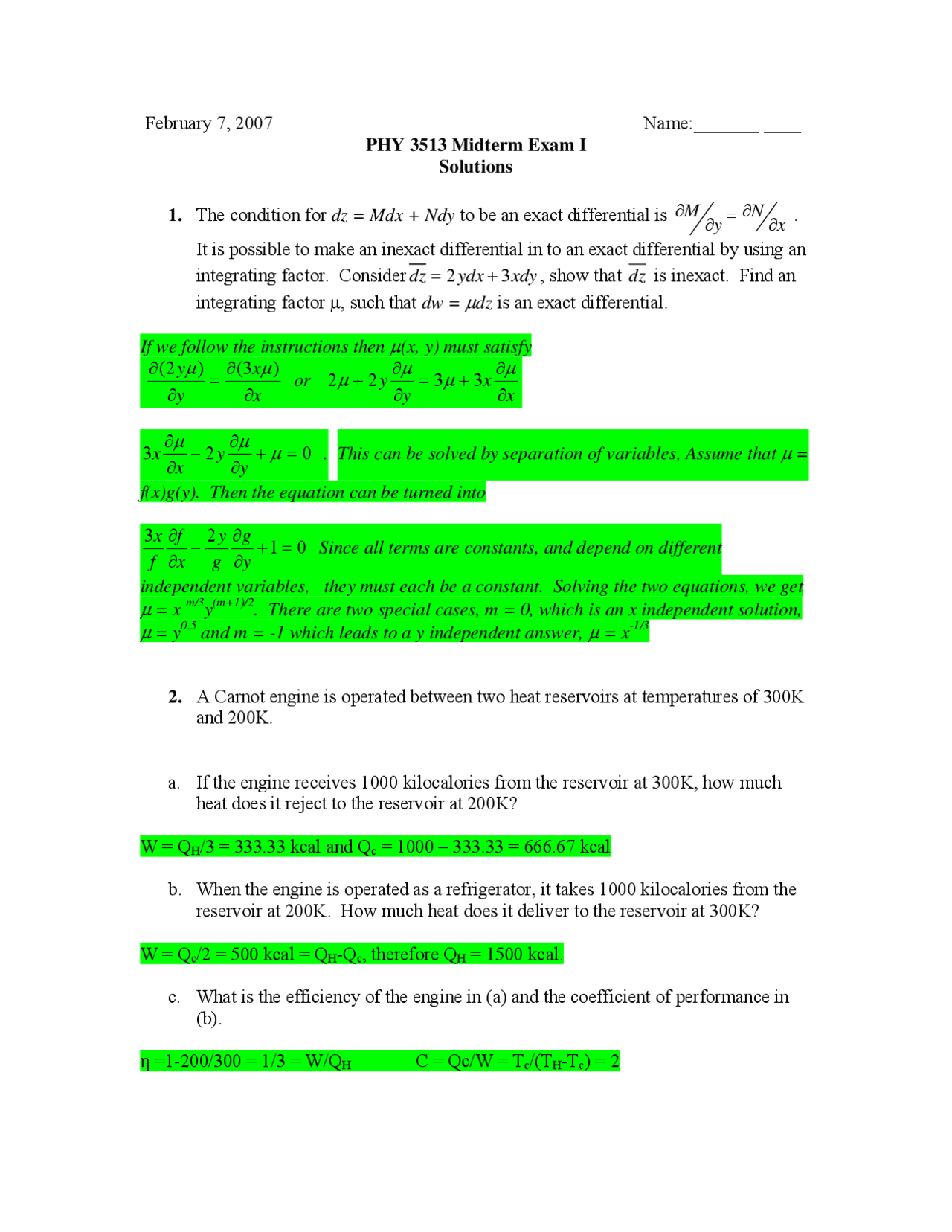 Midterm Exam Solution For Thermal Physics Phy 3513 Docsity