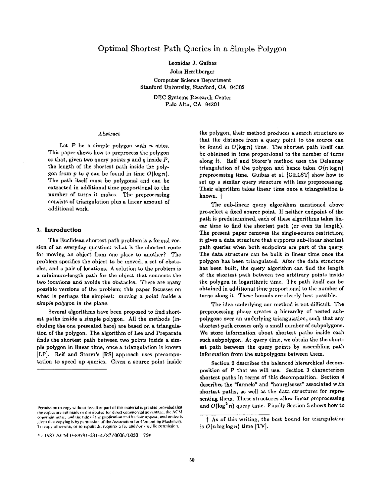 Optimal Shortest Path Queries In A Simple Polygon Paper Cs 506