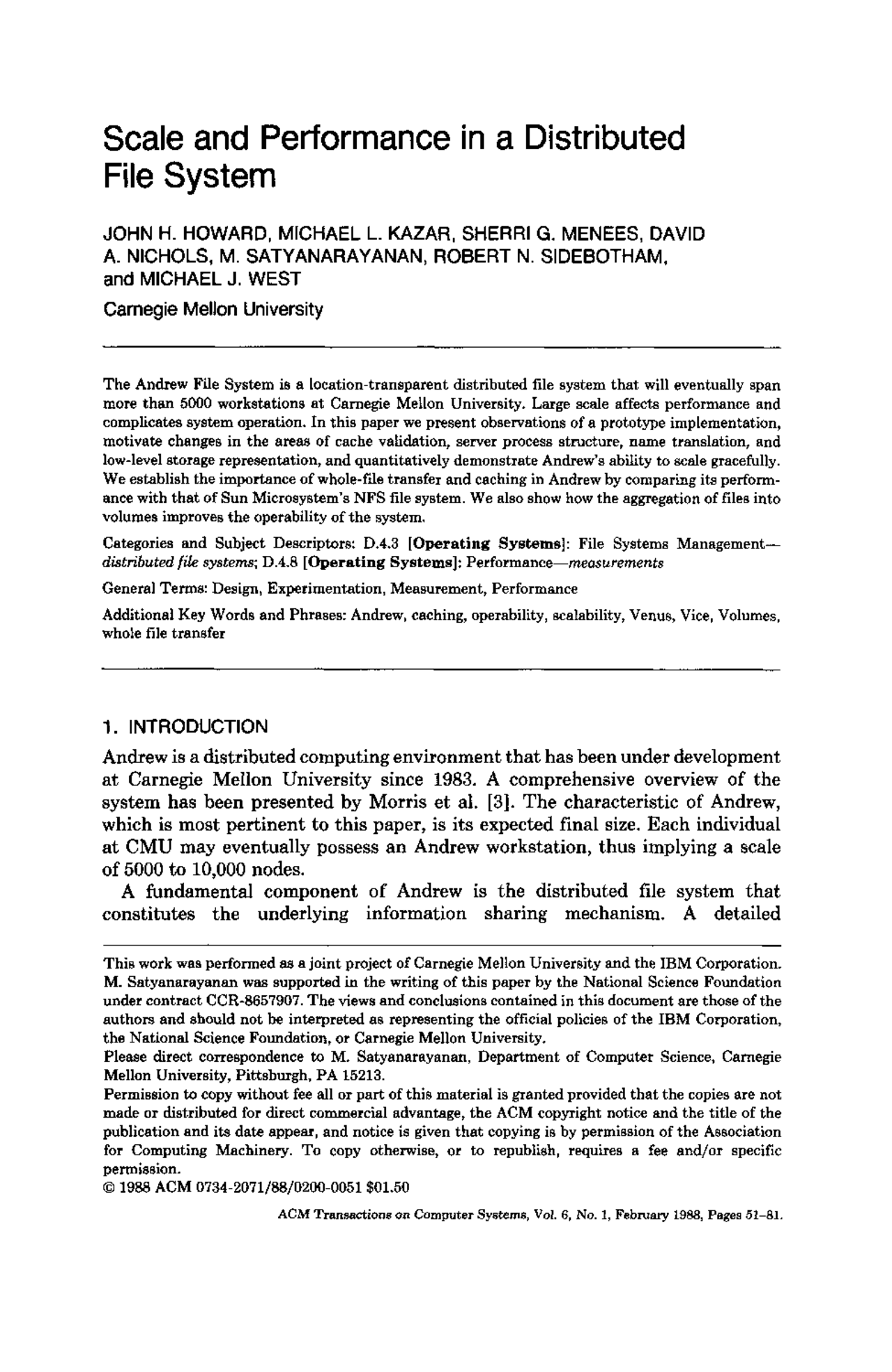 Scale and Performance in a Distributed File System | ECS 251 - Docsity