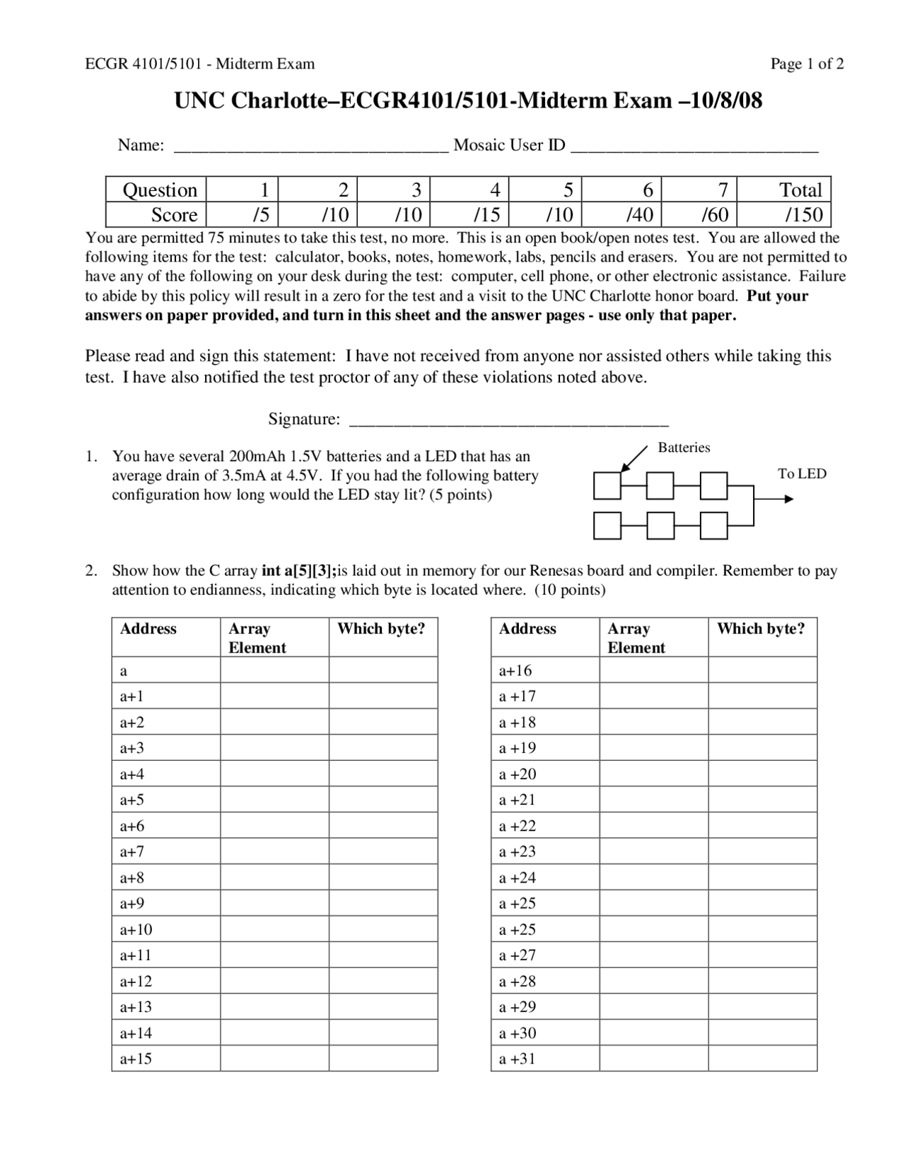 7 Question To Solve Embedded Systems Midterm Exam Ecgr 4101 Docsity