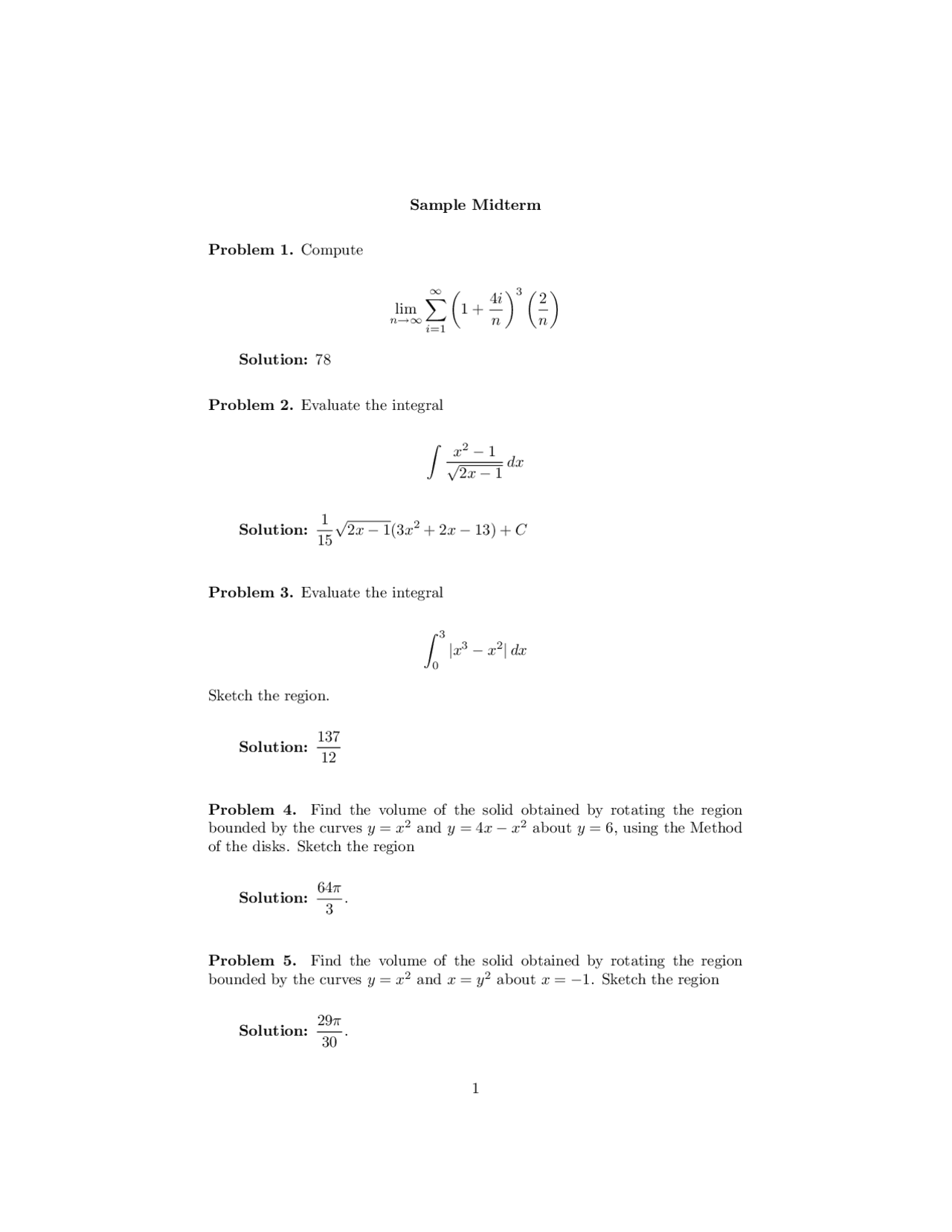 Sample Midterm Solutions For Calculus Math 2 Docsity