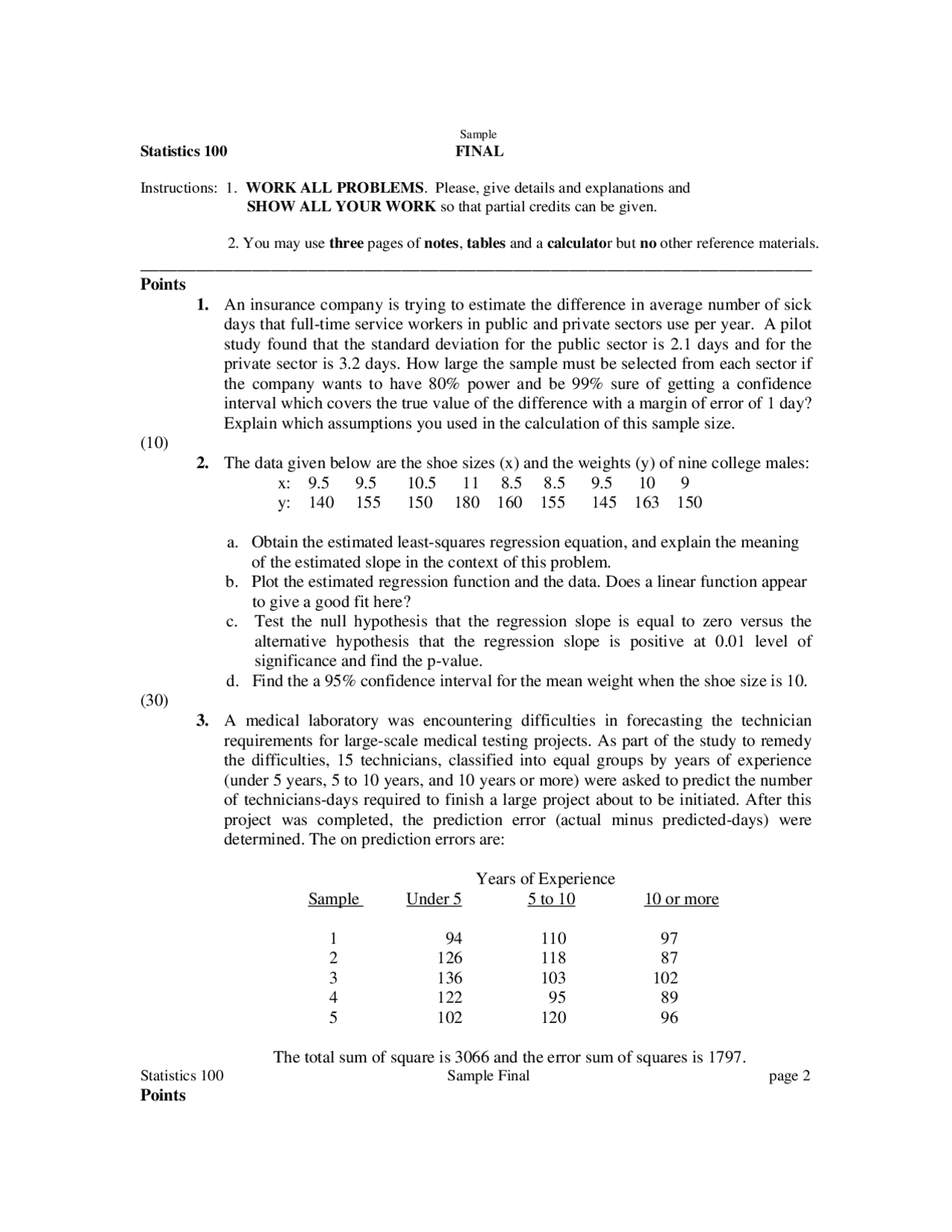 Final Exam Applied Statistic For Biological Science Sta 100 Docsity