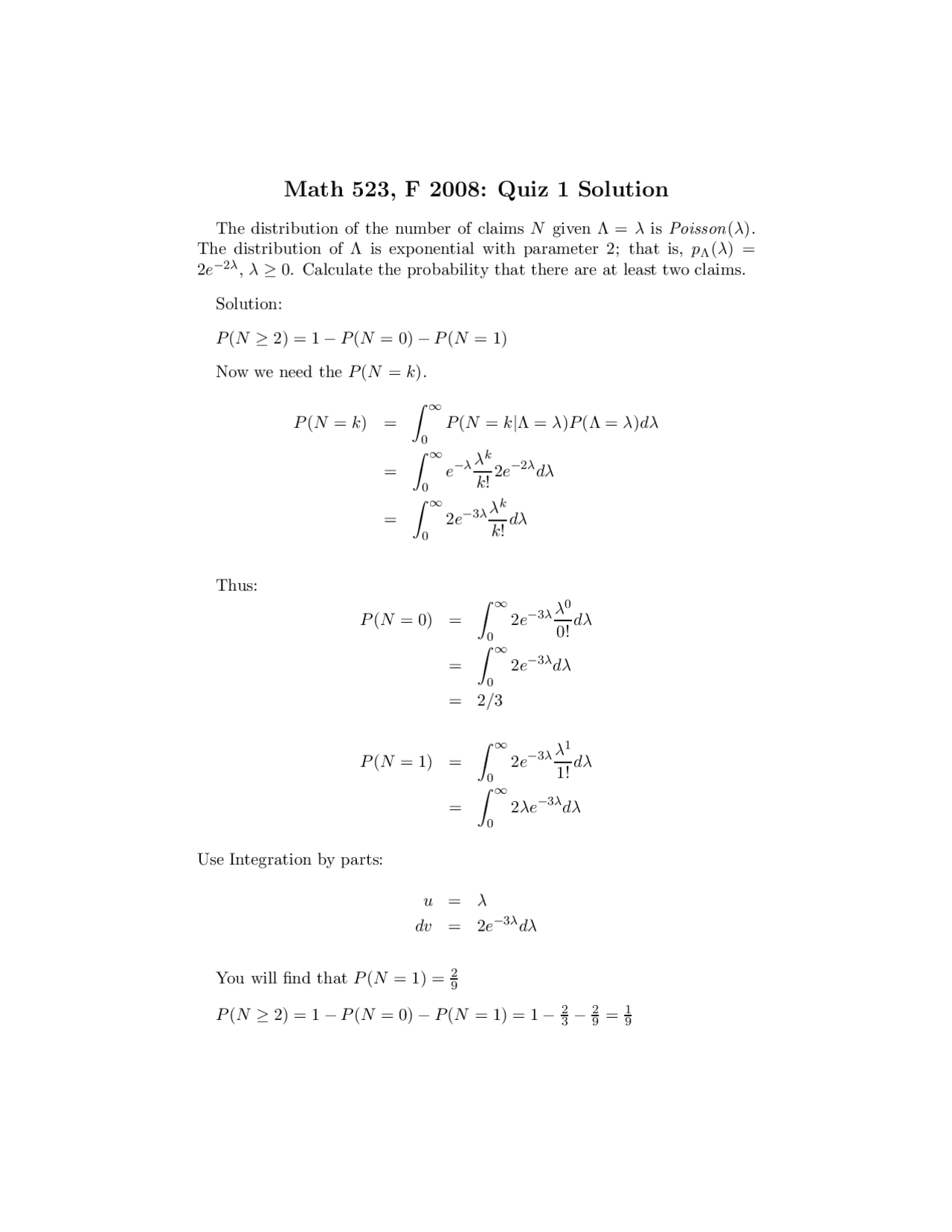 Solved Problem on Risk Theory - Quiz 1 | MATH 523 | Quizzes Risk Analysis | Docsity