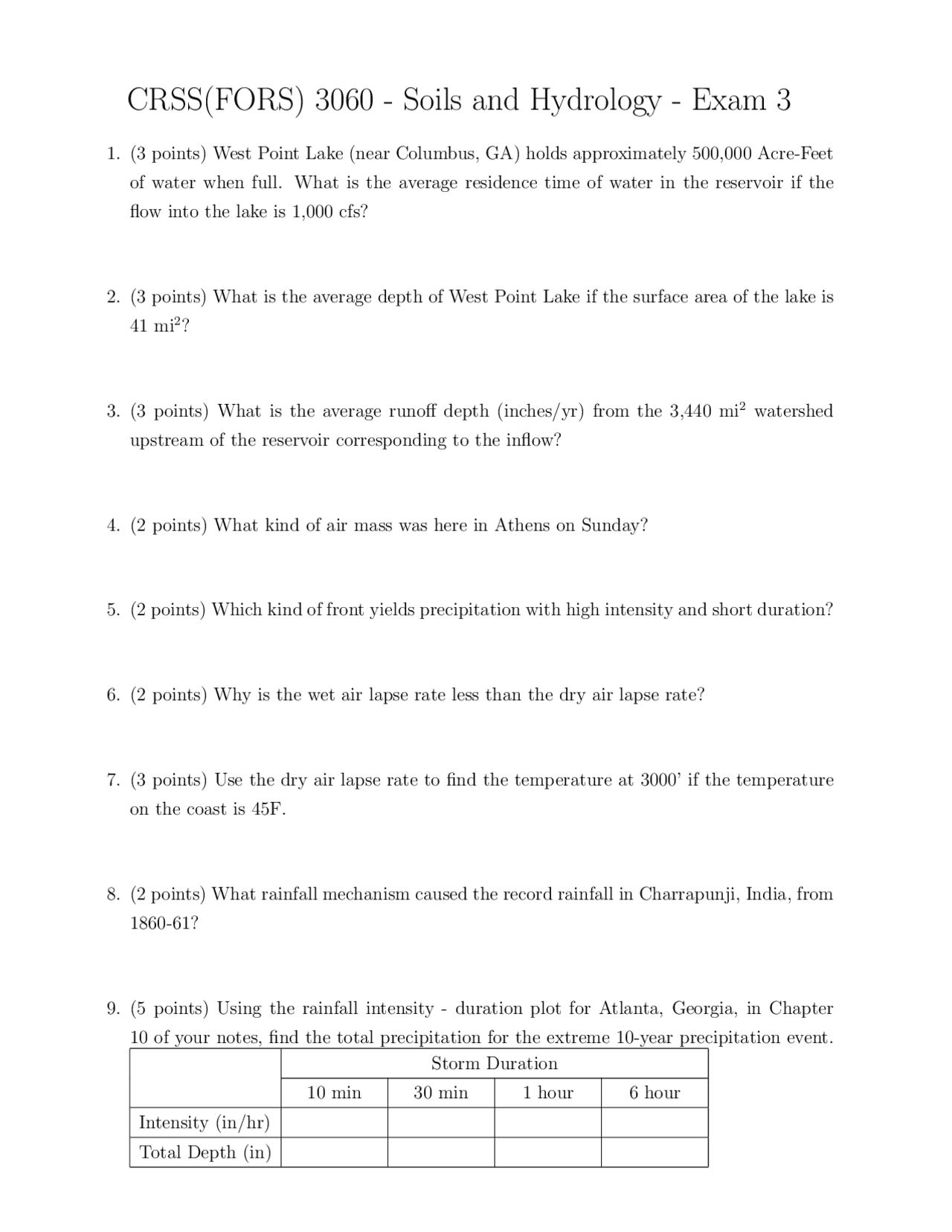 Sample Questions for Exam 3 - Soils and Hydrology | FORS 3060 - Docsity