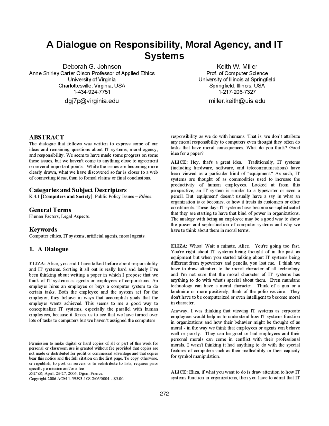 A Dialogue on Responsibility, Moral Agency, and IT Systems | Arts 1 ...