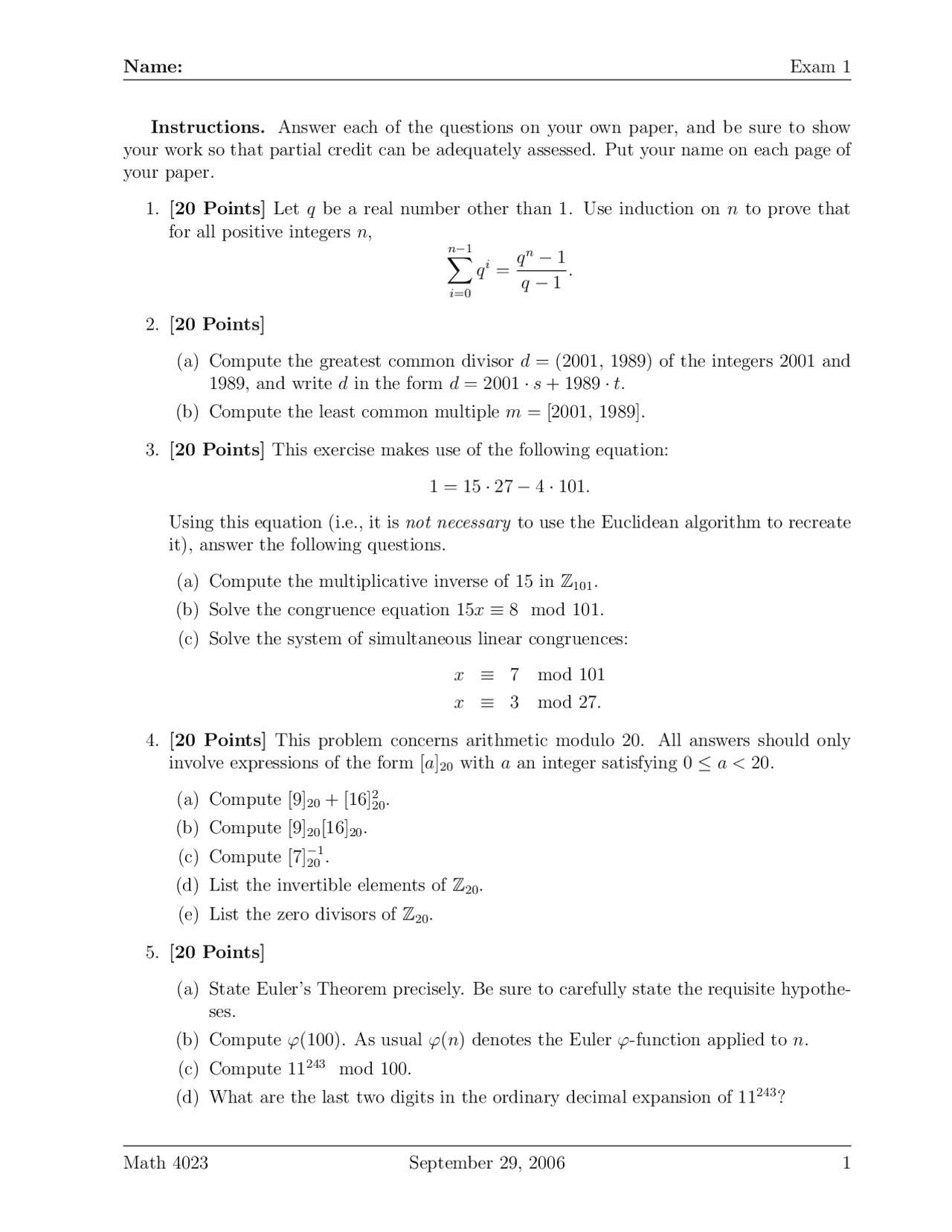 Practice Questions For Exam 1 Applied Algebra Math 4023 Docsity