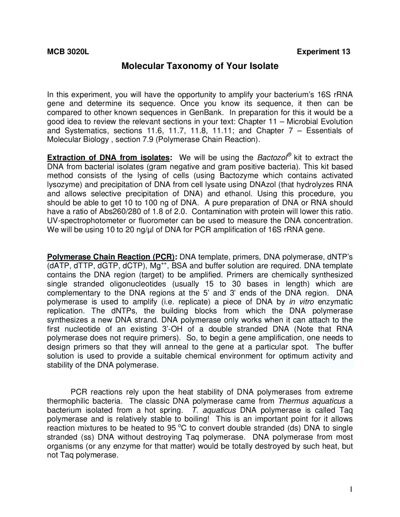 Molecular Taxonomy Of Your Isolate Experiment 13 Mcb 3020 Docsity
