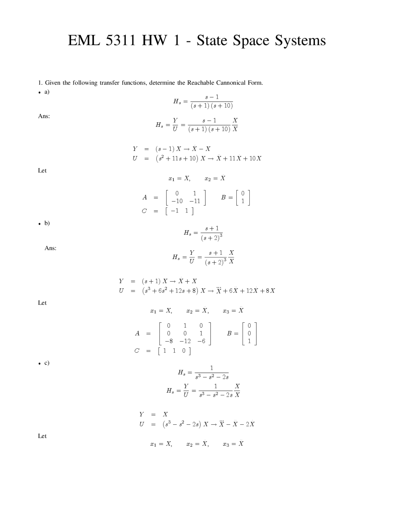 State Space Systems For Control System Theory Eml 5311 Docsity