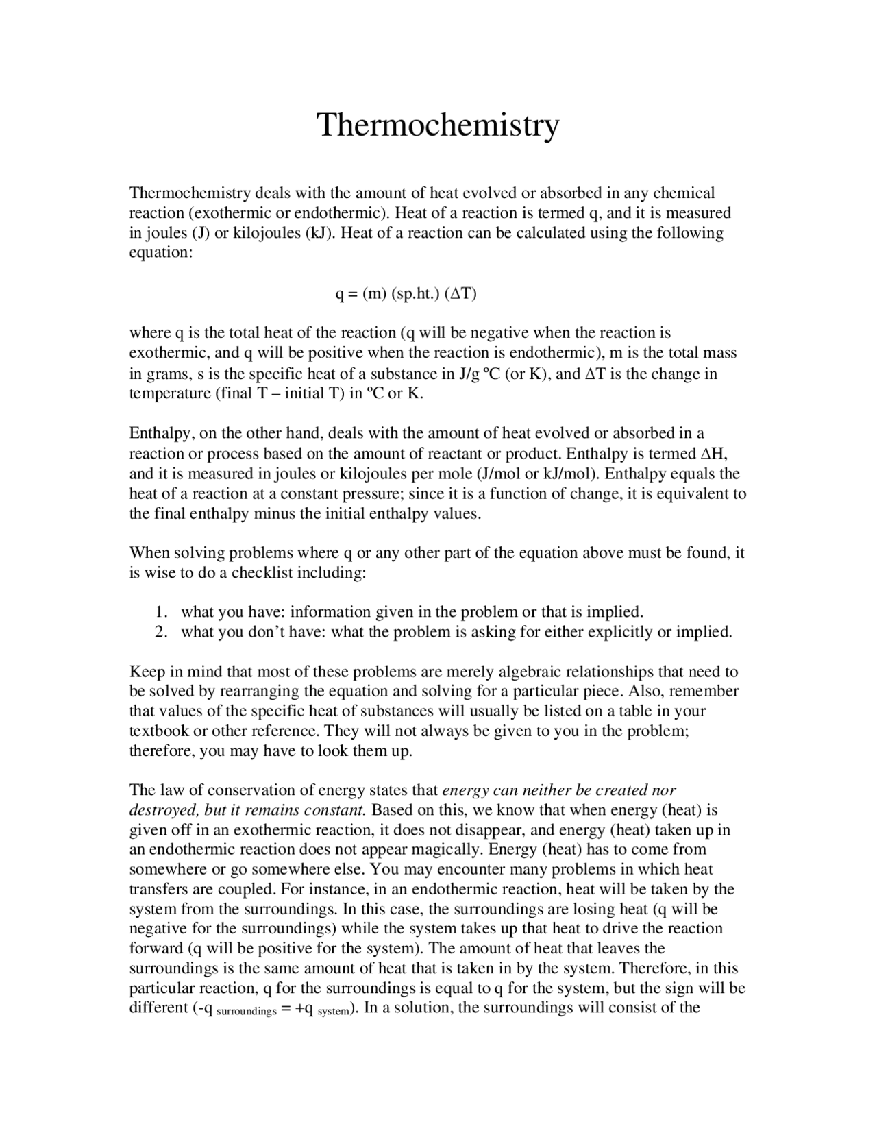 Lecture Notes On Thermochemistry Ch 101 Docsity