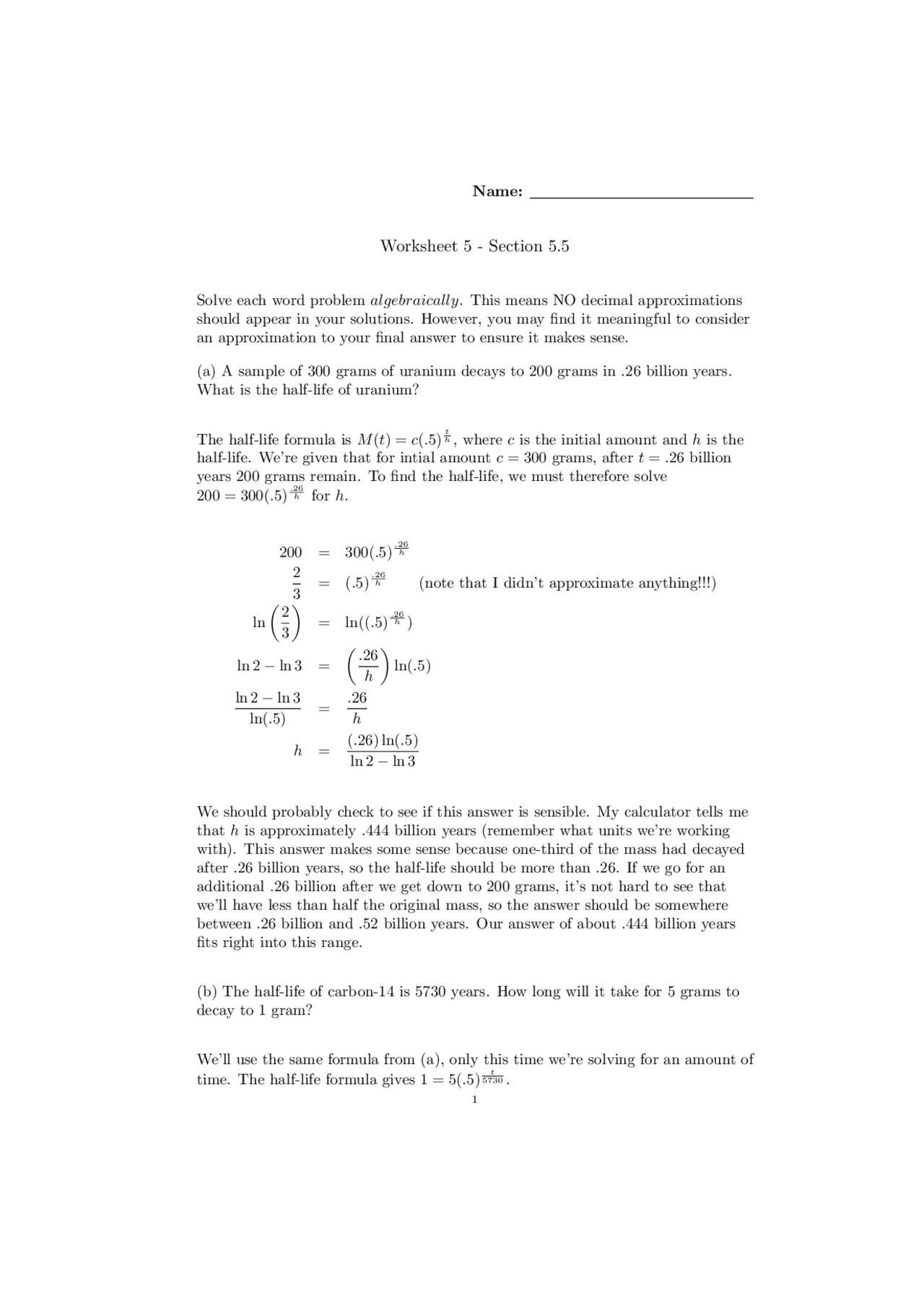 Worksheet For College Algebra Assignment 5 Math 111 Docsity