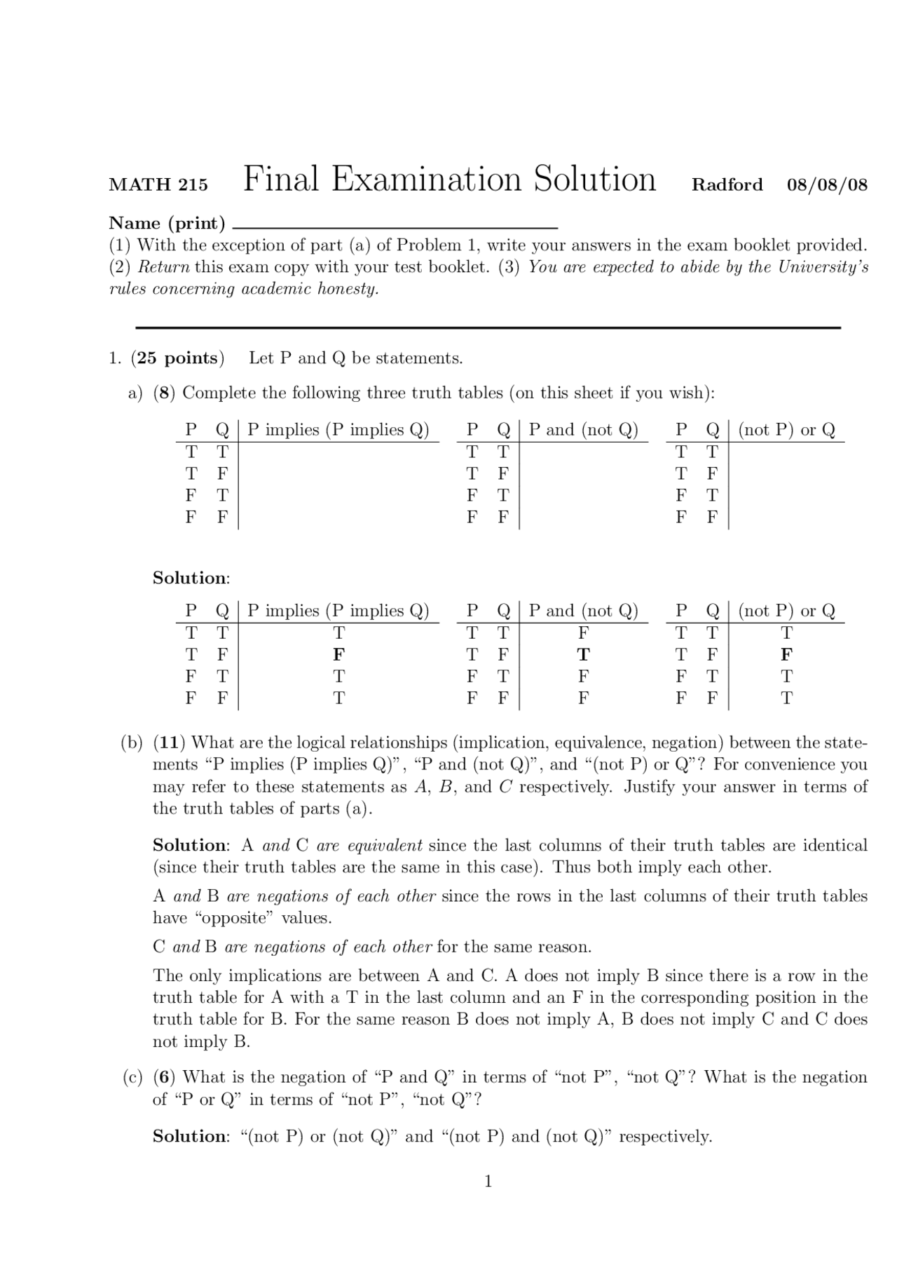 Math 215 Final Examination Solution | Exams Mathematics | Docsity