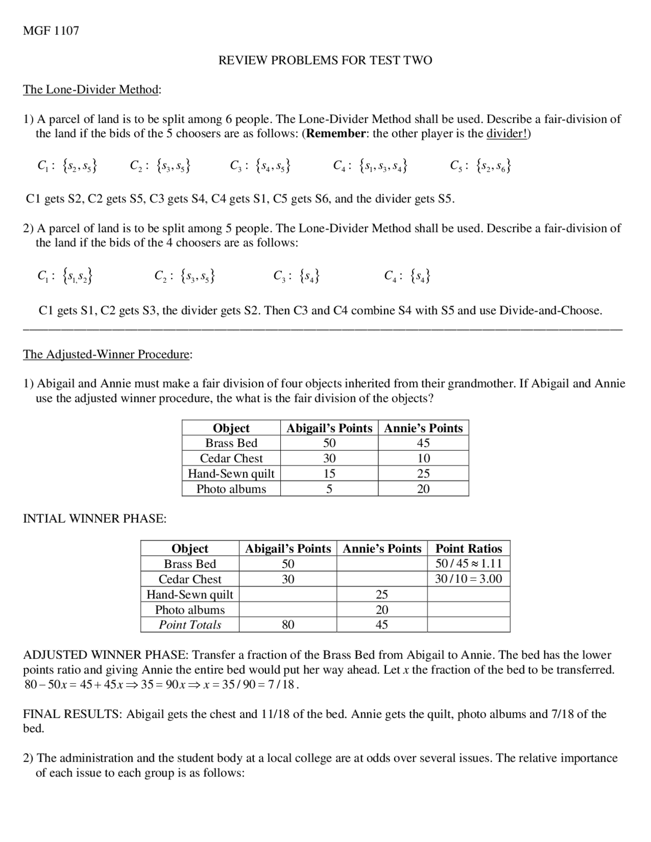 Review Problems For Test 2 Mathematics Of Social Choice Mgf 1107