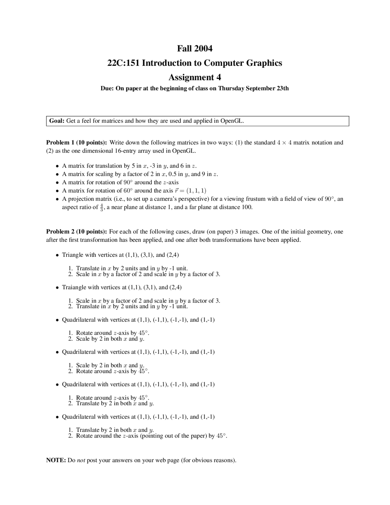 Assignment 4 with 2 Practice Problems on Computer Graphics | 22C 151 - Docsity