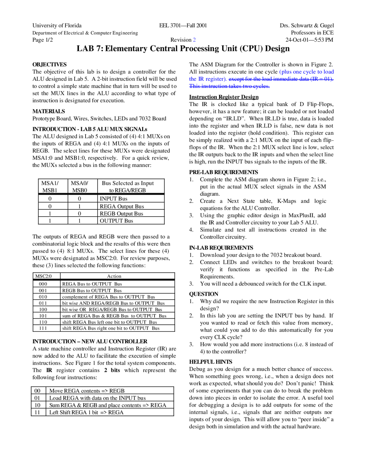 Elementary Central Processing Unit Design - Lab 7 | EEL 3701 - Docsity