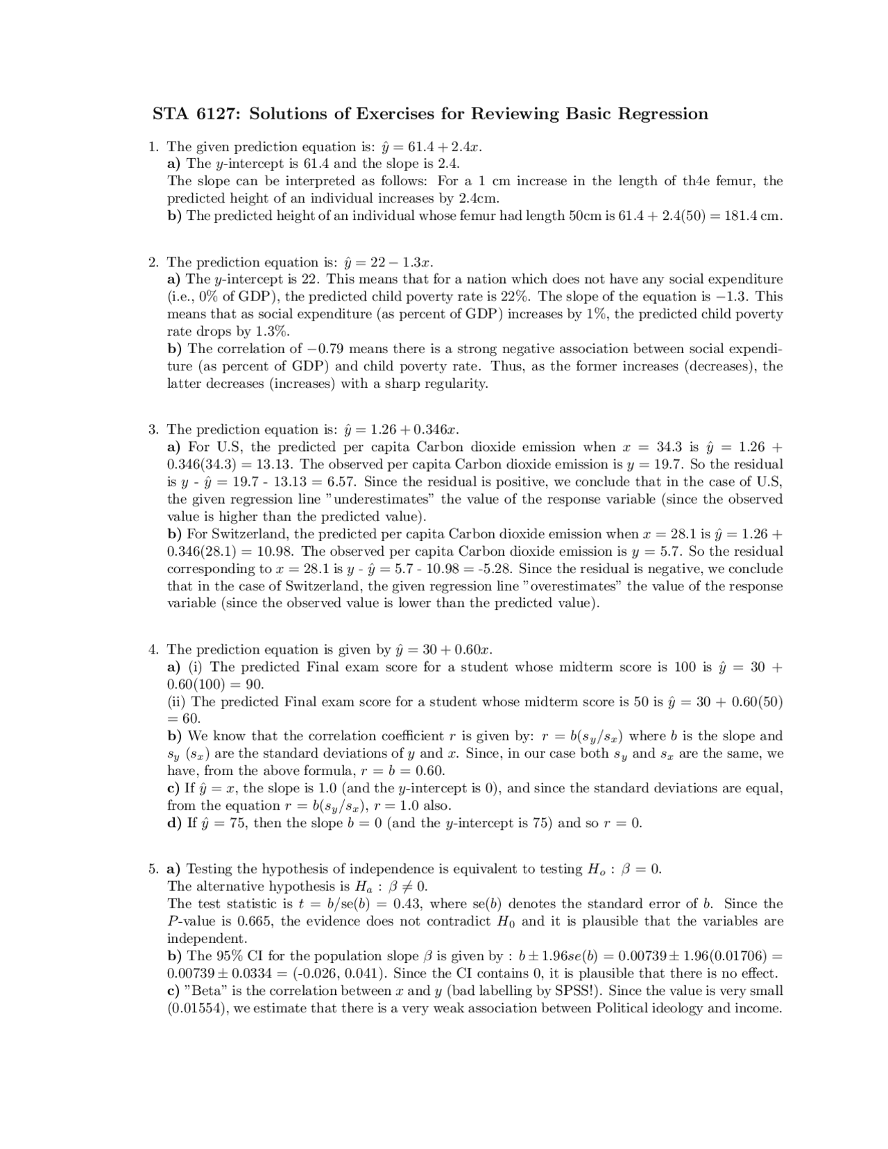 Solutions Of Exercises For Reviewing Basic Regression Sta 6127 Docsity