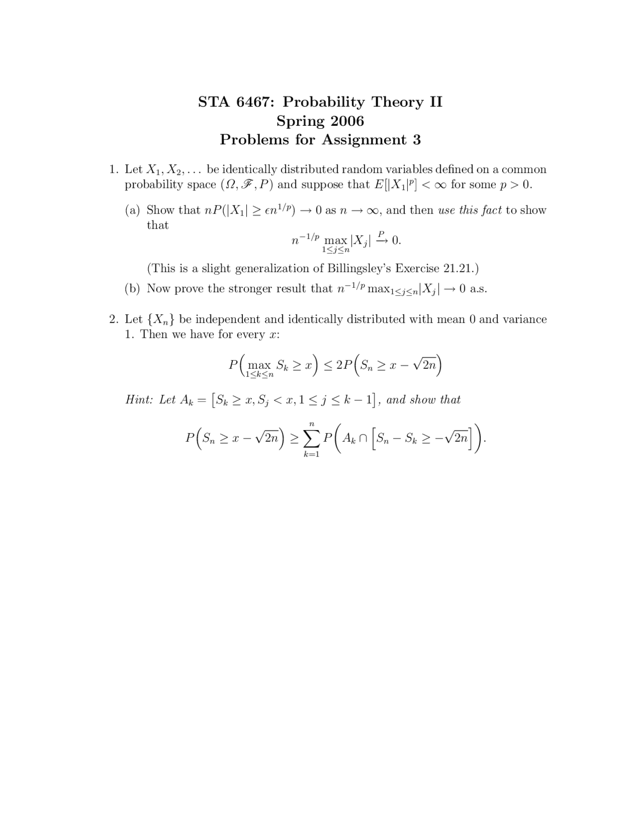Probability Theory II - Assignment 3 Problems | STA 6467 - Docsity