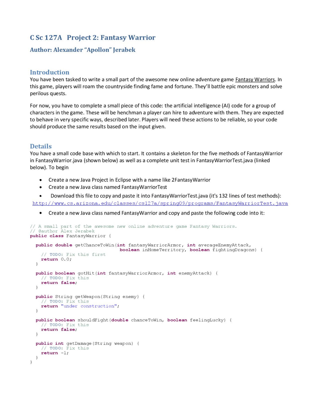 Fantasy Warrior Project 2 Introduction To Computer Science C Sc 127a Docsity