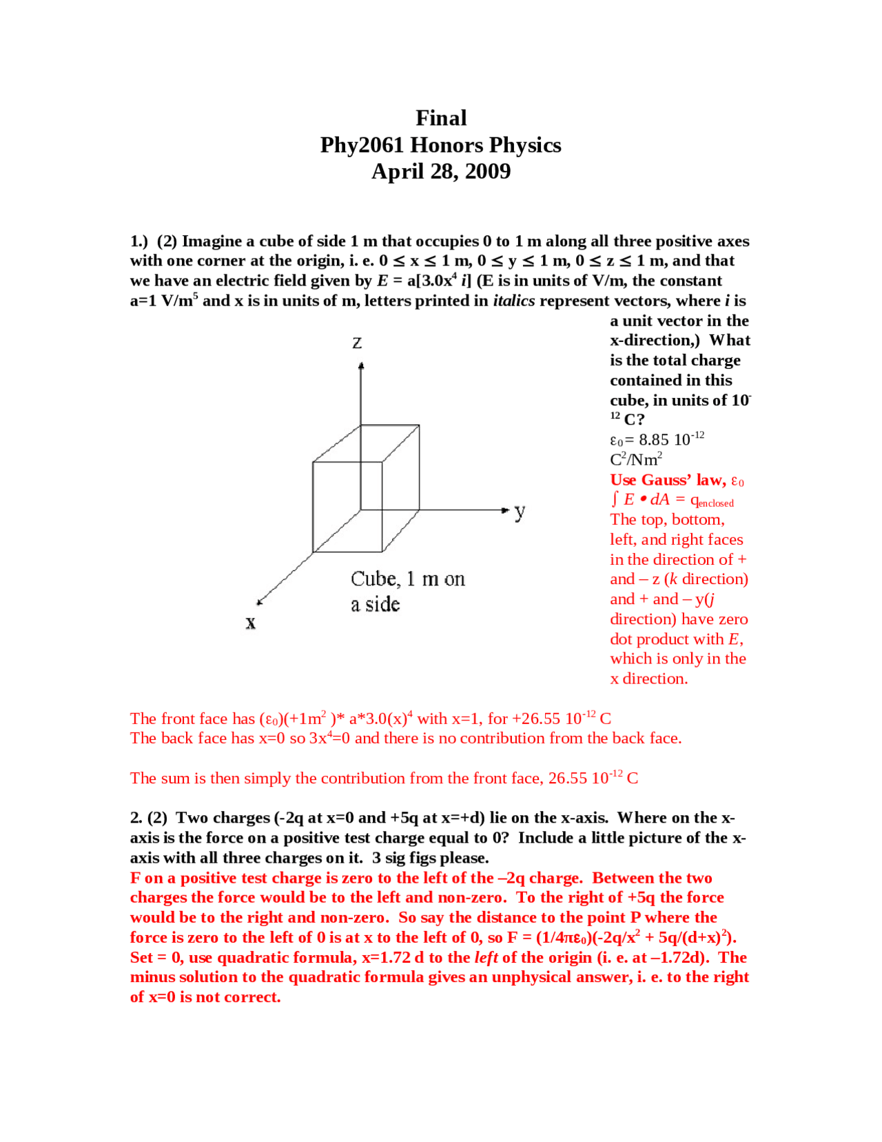 Final Exam Questions With Resolution Honors Physics Phy 2061 Docsity