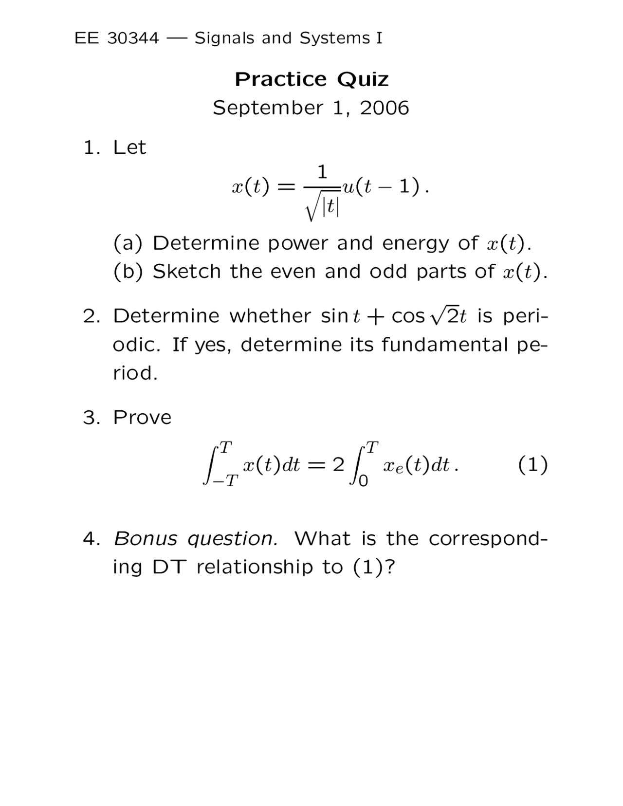 Practice Quiz Signals And Systems I Ee 30344 Docsity