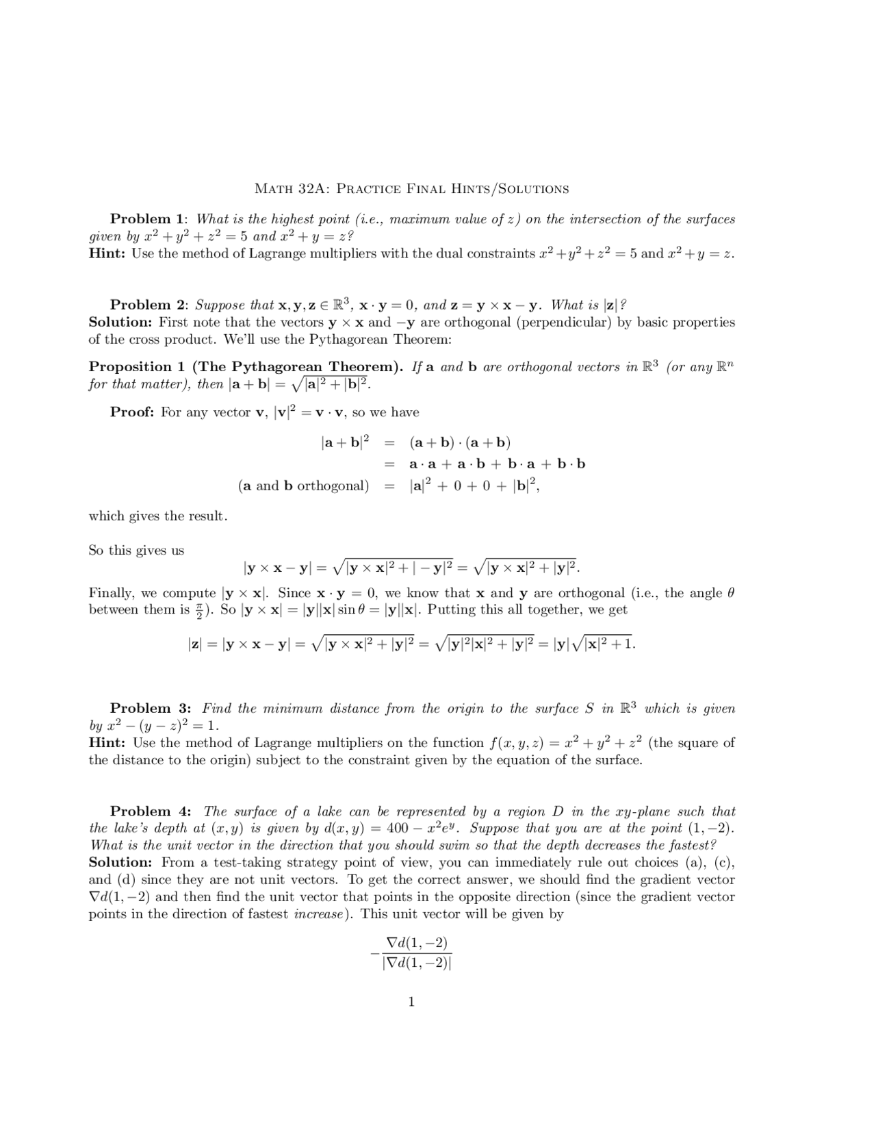 Practice Final Problems and Solutions in Multivariable Calculus | Exams Calculus | Docsity