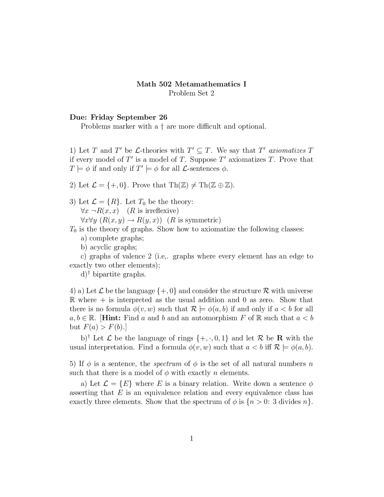 Practice Problems For Assignment 2 Metamathematics I Math 502 Docsity